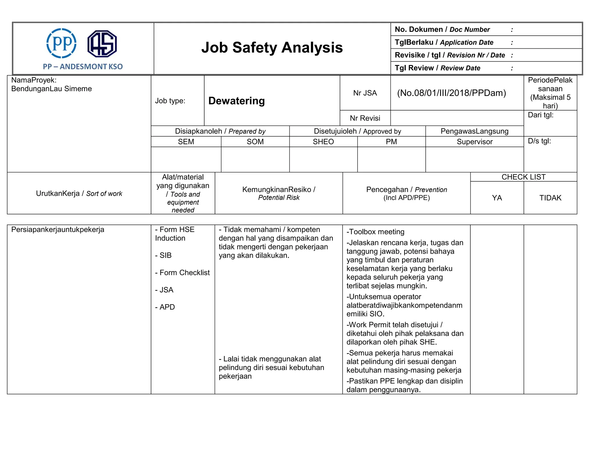 Job Safety Analysis Dewatering at Project | PDF