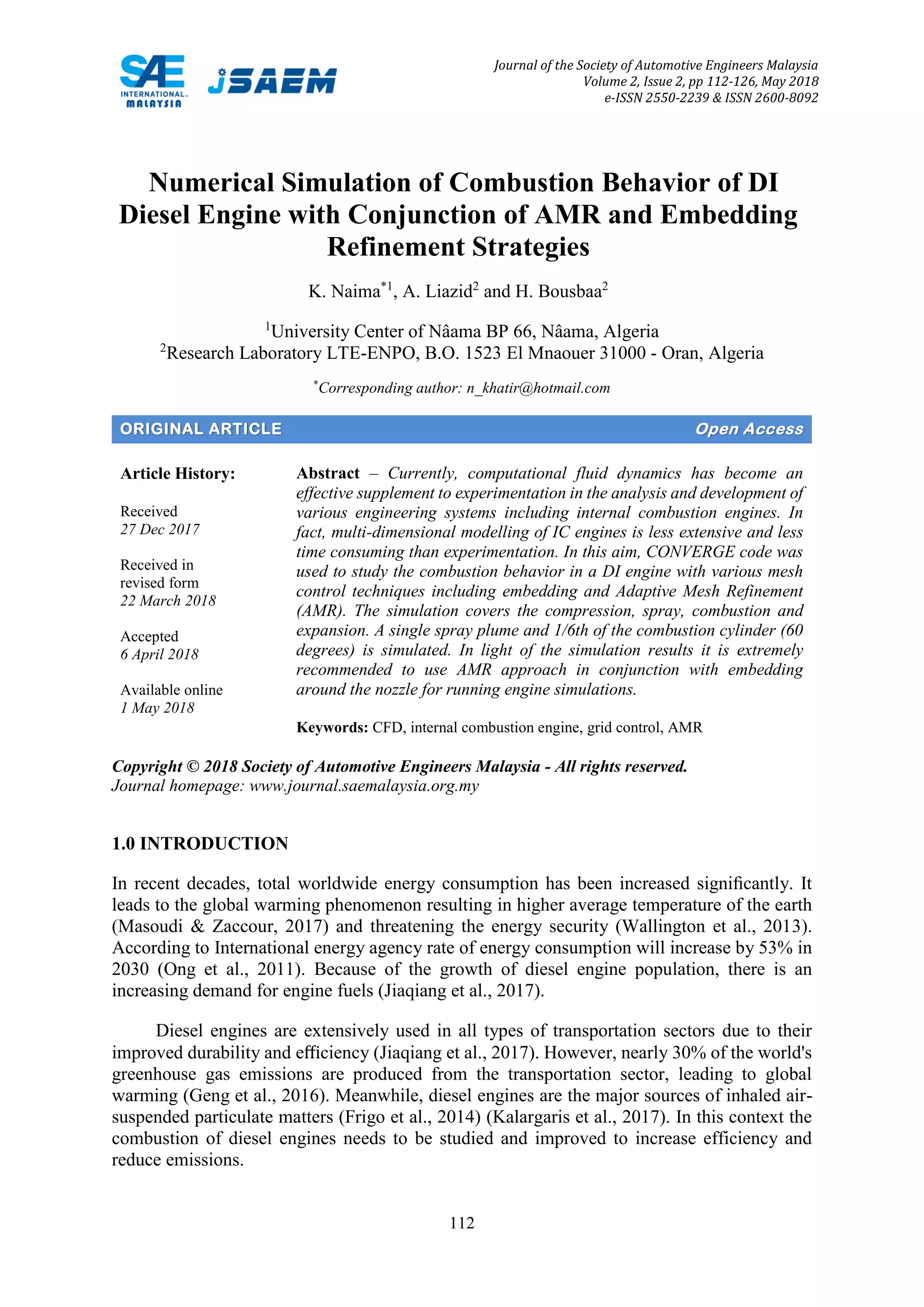 Numerical Simulation of Combustion Behavior of DI Diesel Engine with Conjunction of AMR and ...