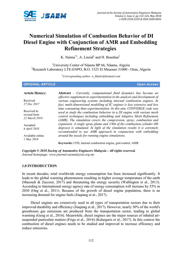Numerical Simulation of Combustion Behavior of DI Diesel Engine with Conjunction of AMR and ...
