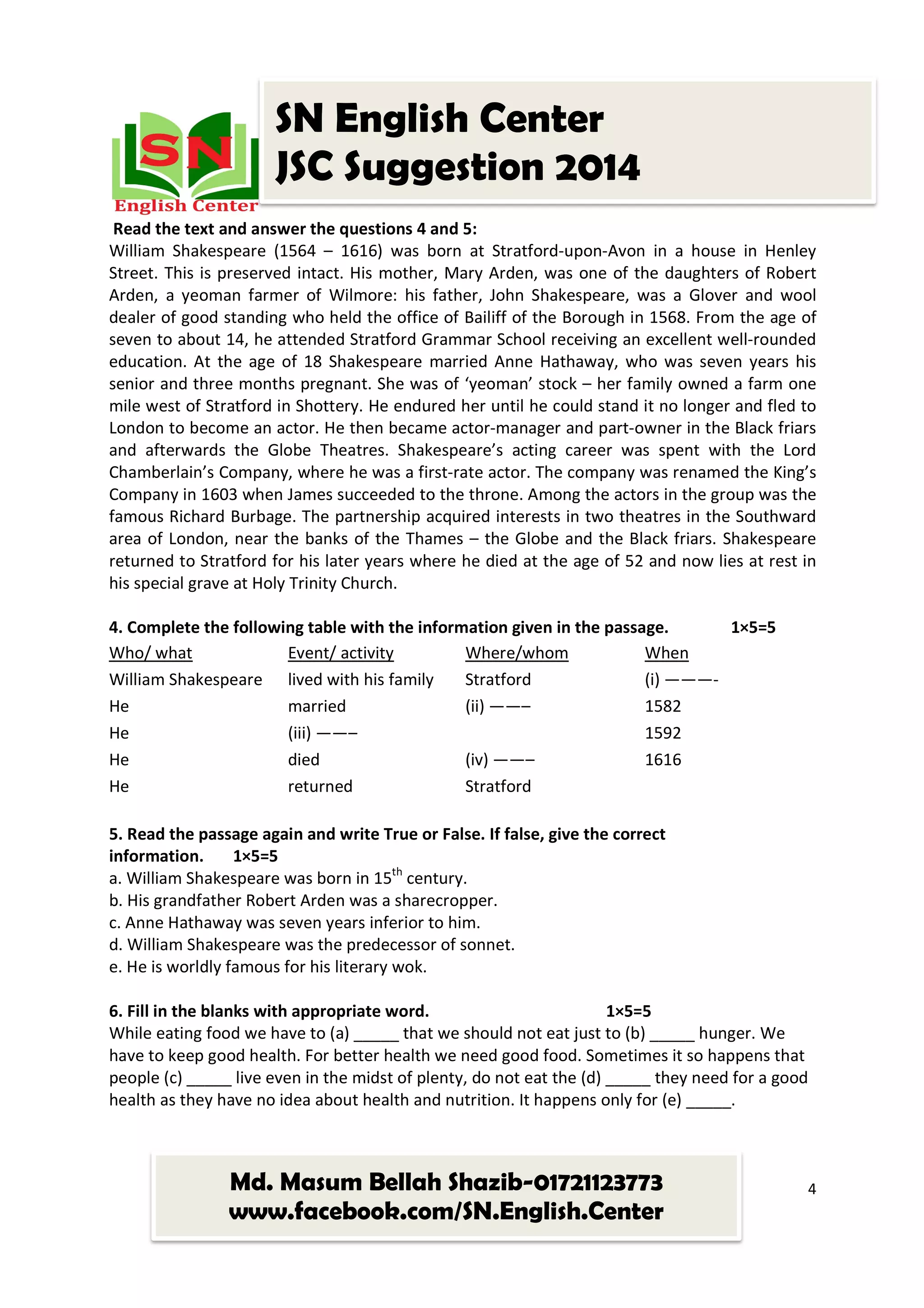 Jsc english suggestion 2014 | PDF