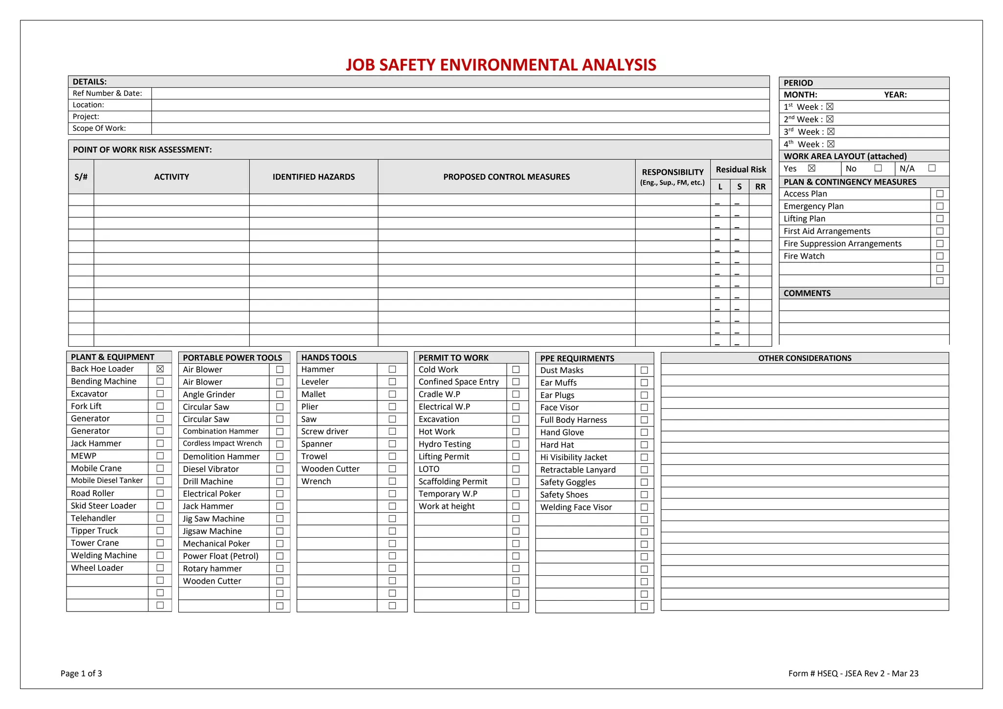 JSEA JOB SAFETY ENVIRONMENTAL ANALYSIS Form # HSEQ - JSEA Rev 2 -.docx