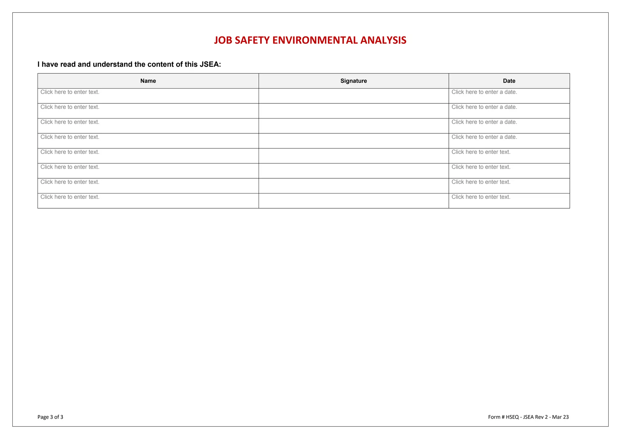 JSEA JOB SAFETY ENVIRONMENTAL ANALYSIS Form # HSEQ - JSEA Rev 2 -.docx