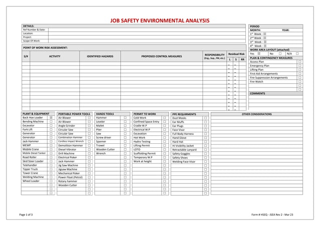 JSEA JOB SAFETY ENVIRONMENTAL ANALYSIS Form # HSEQ - JSEA Rev 2 -.docx
