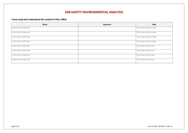 JSEA JOB SAFETY ENVIRONMENTAL ANALYSIS Form # HSEQ - JSEA Rev 2 -.docx