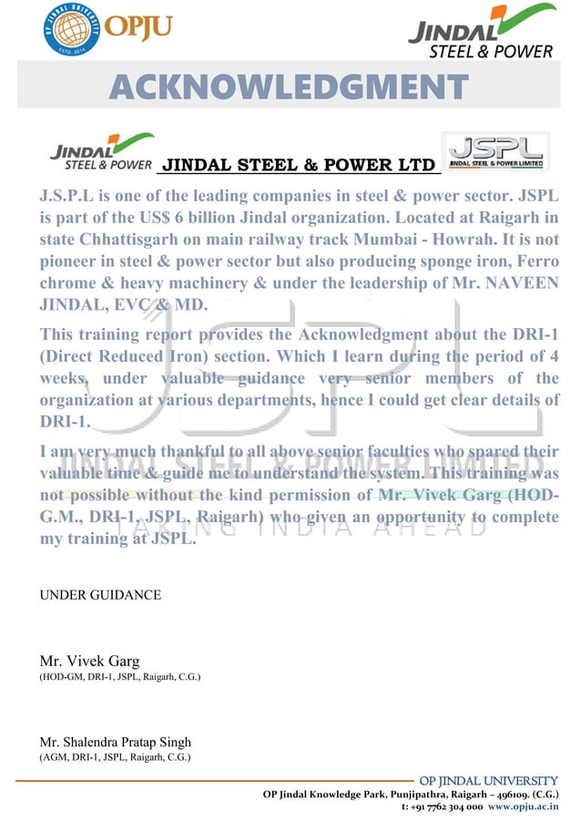 JSPL DRI#1 Training Report 2017 | PDF