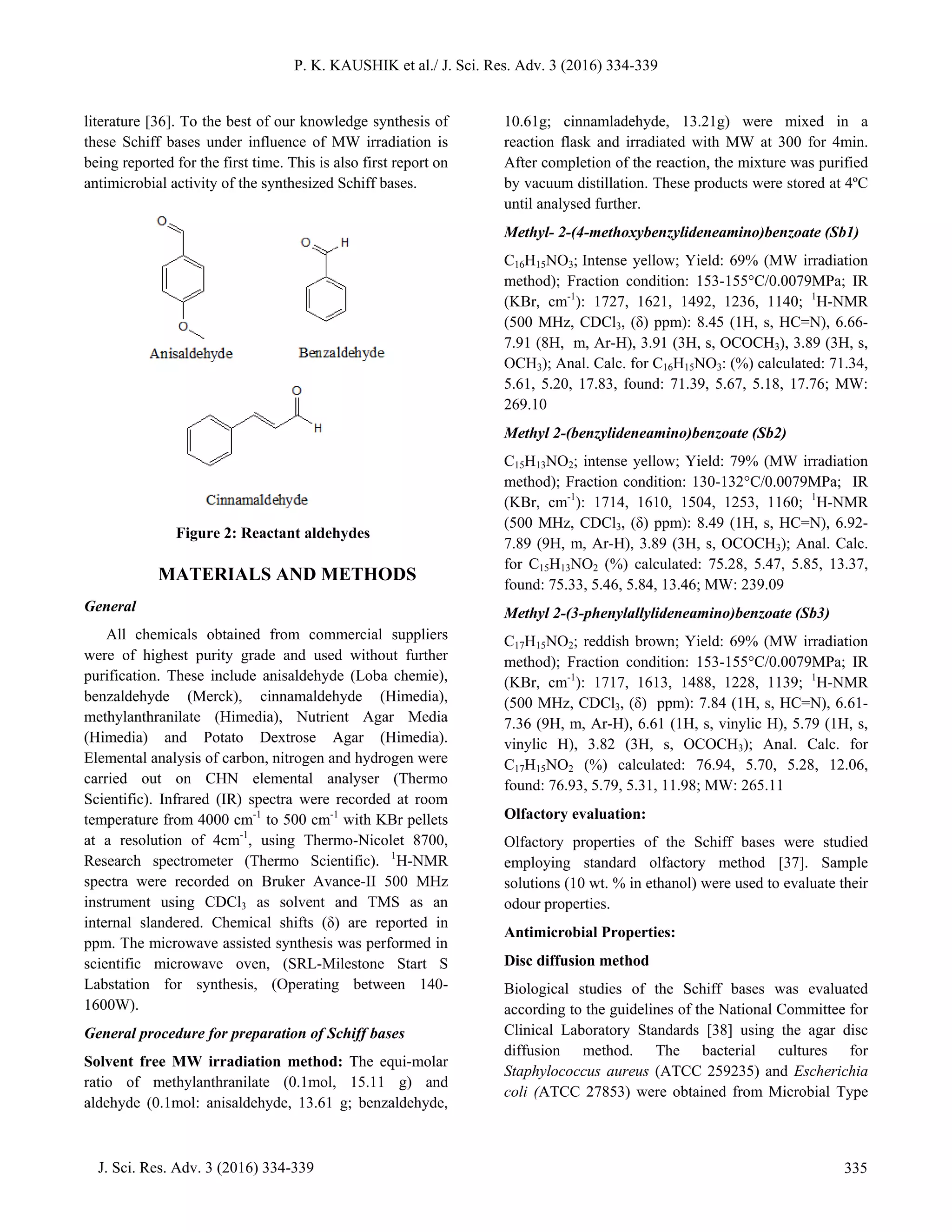 A facile and efficient synthesis of some odorant Schiff bases using microwave irradiation and ...