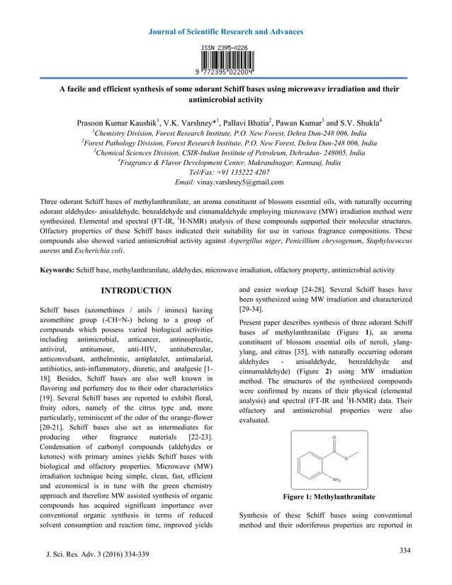 A facile and efficient synthesis of some odorant Schiff bases using microwave irradiation and ...