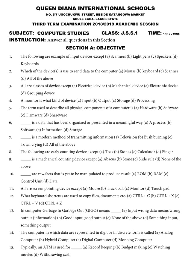 J.S.S.1 Computer Studies 3rd Term Examination | PDF