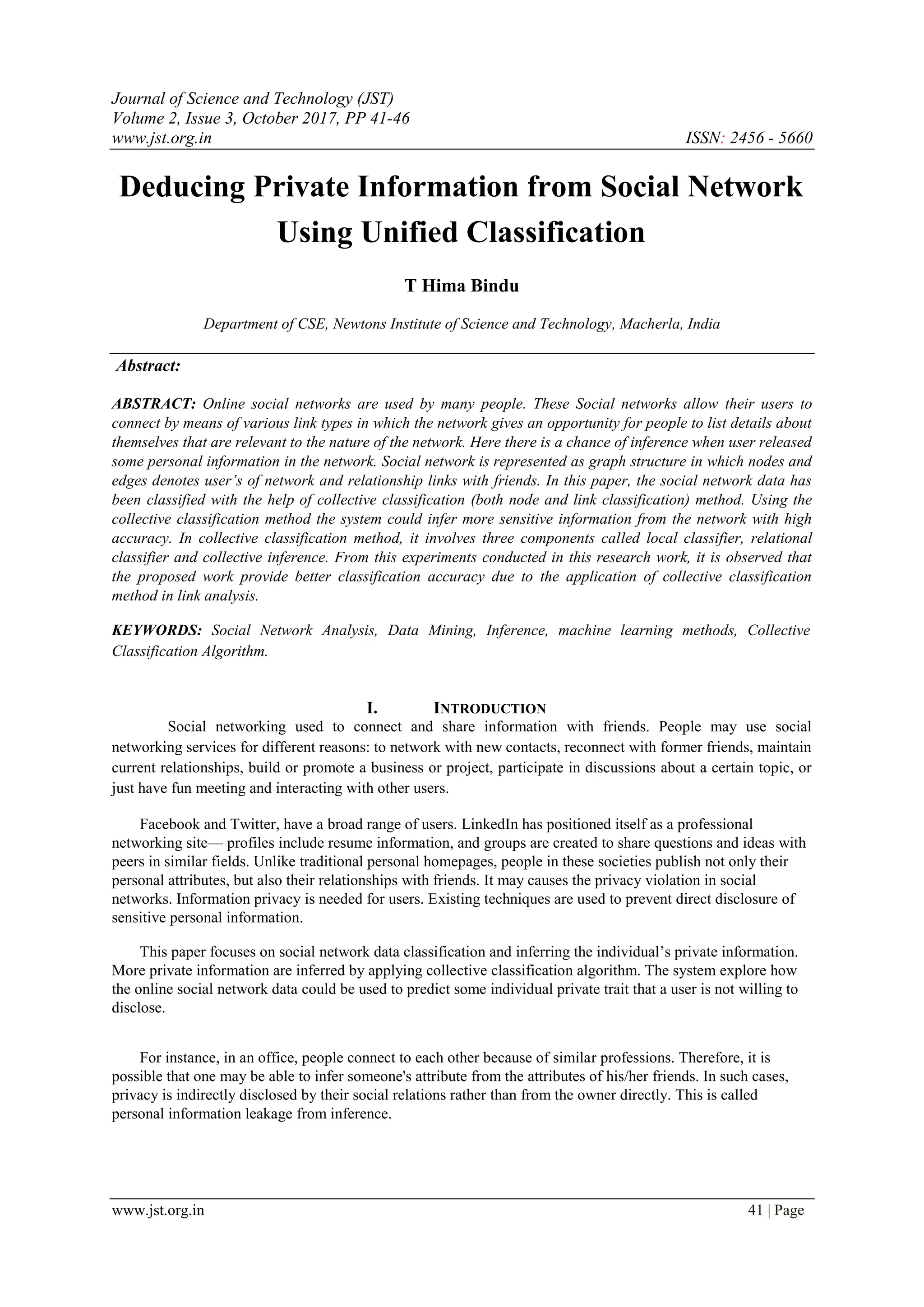 Deducing Private Information from Social Network Using Unified Classification | PDF
