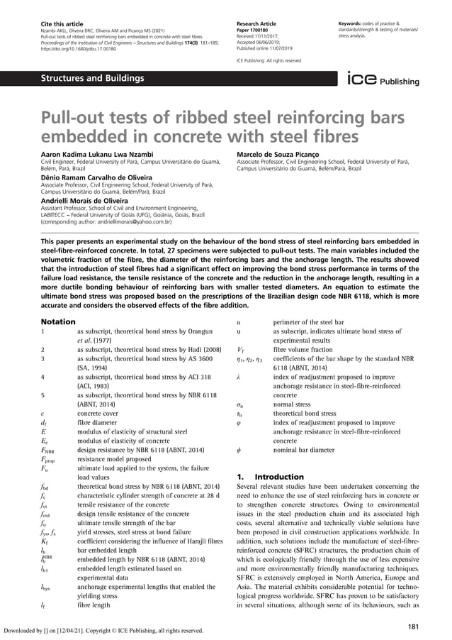 Pull-out tests of ribbed steel reinforcing bars embedded in concrete ...