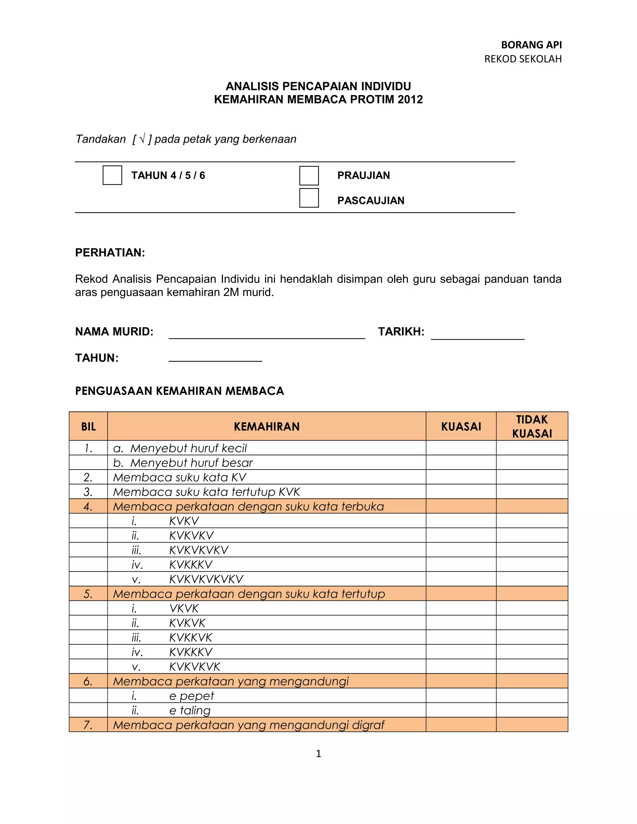 Jsu kemahiran membaca 2012 | DOC