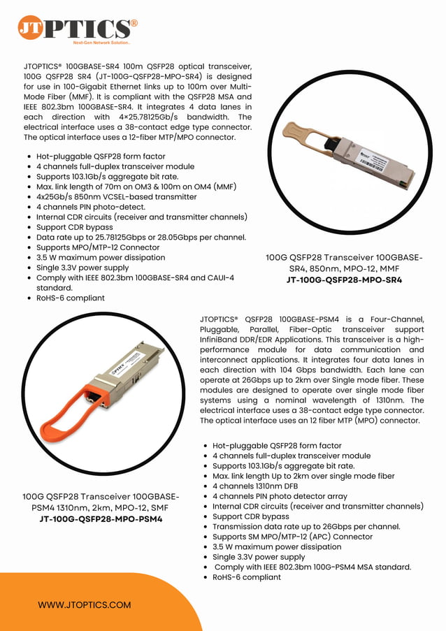 100G QSFP28 Optical Transceiver Data Sheet By JTOPTICS | PDF