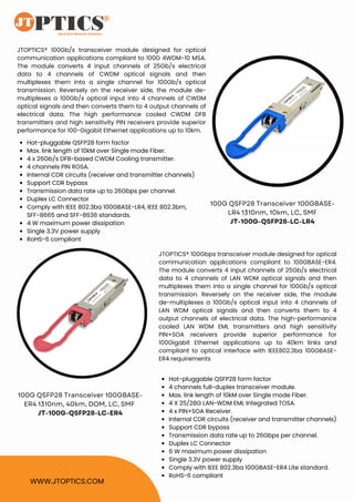 100G QSFP28 Optical Transceiver Data Sheet By JTOPTICS | PDF