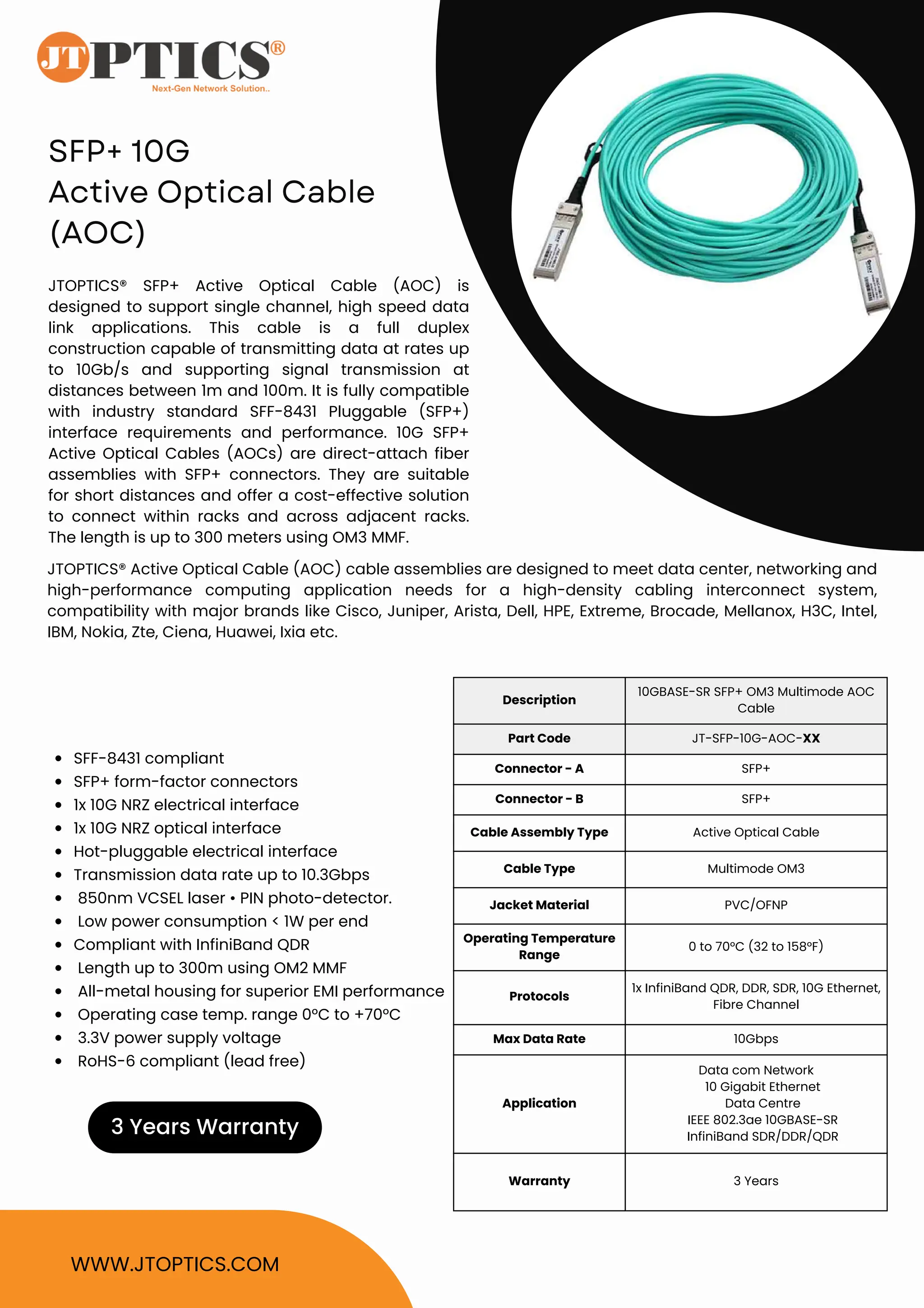 10G AOC Active optical Cable Data Sheet By JTOPTICS | PDF