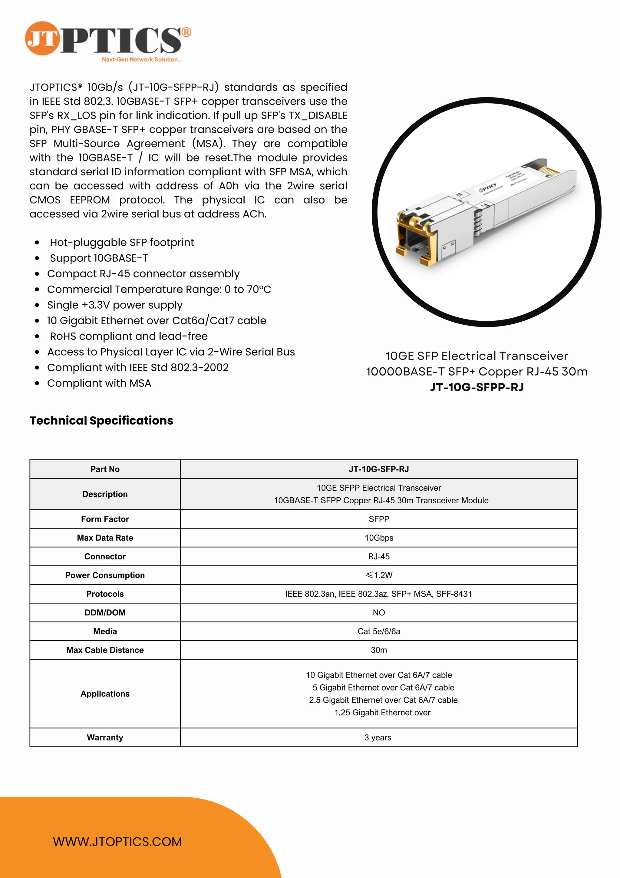 10G Electrical Optical transceiver Data Sheet By JTOPTICS | PDF
