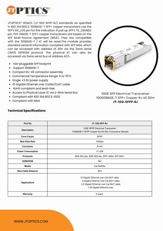 10G Electrical Optical transceiver Data Sheet By JTOPTICS | PDF