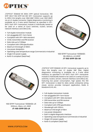 10G SFPP Optical Transceivers Data Sheet By JTOPTICS | PDF | Computer Networking | Computing