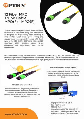 12 Fiber MPO Trunk Cable Data Sheet By JTOPTICS | PDF