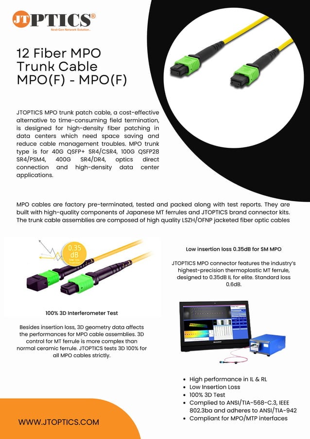 12 Fiber MPO Trunk Cable Data Sheet By JTOPTICS | PDF