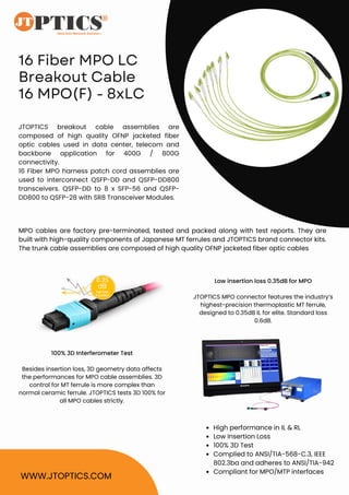 16 Fiber MPO to LC Breakout Cable Data Sheet By JTOPTICS | PDF ...