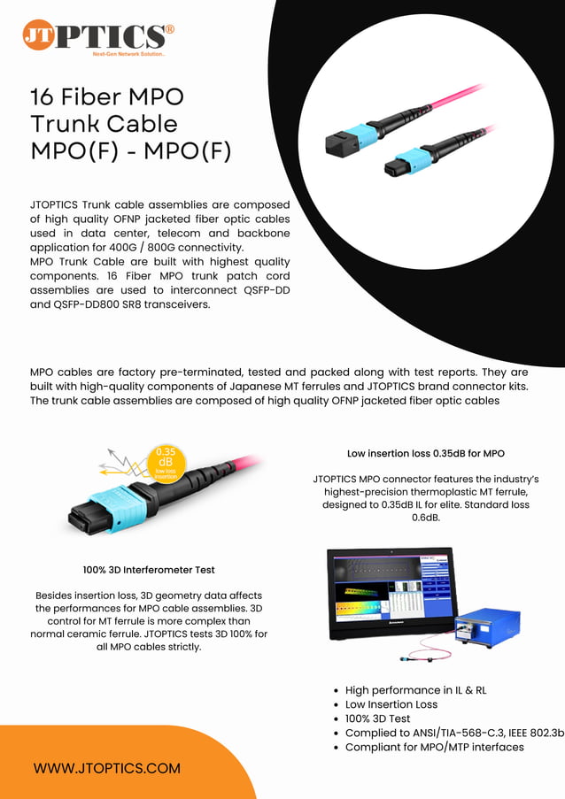 16 Fiber MPO Trunk Cable Data Sheet By JTOPTICS | PDF