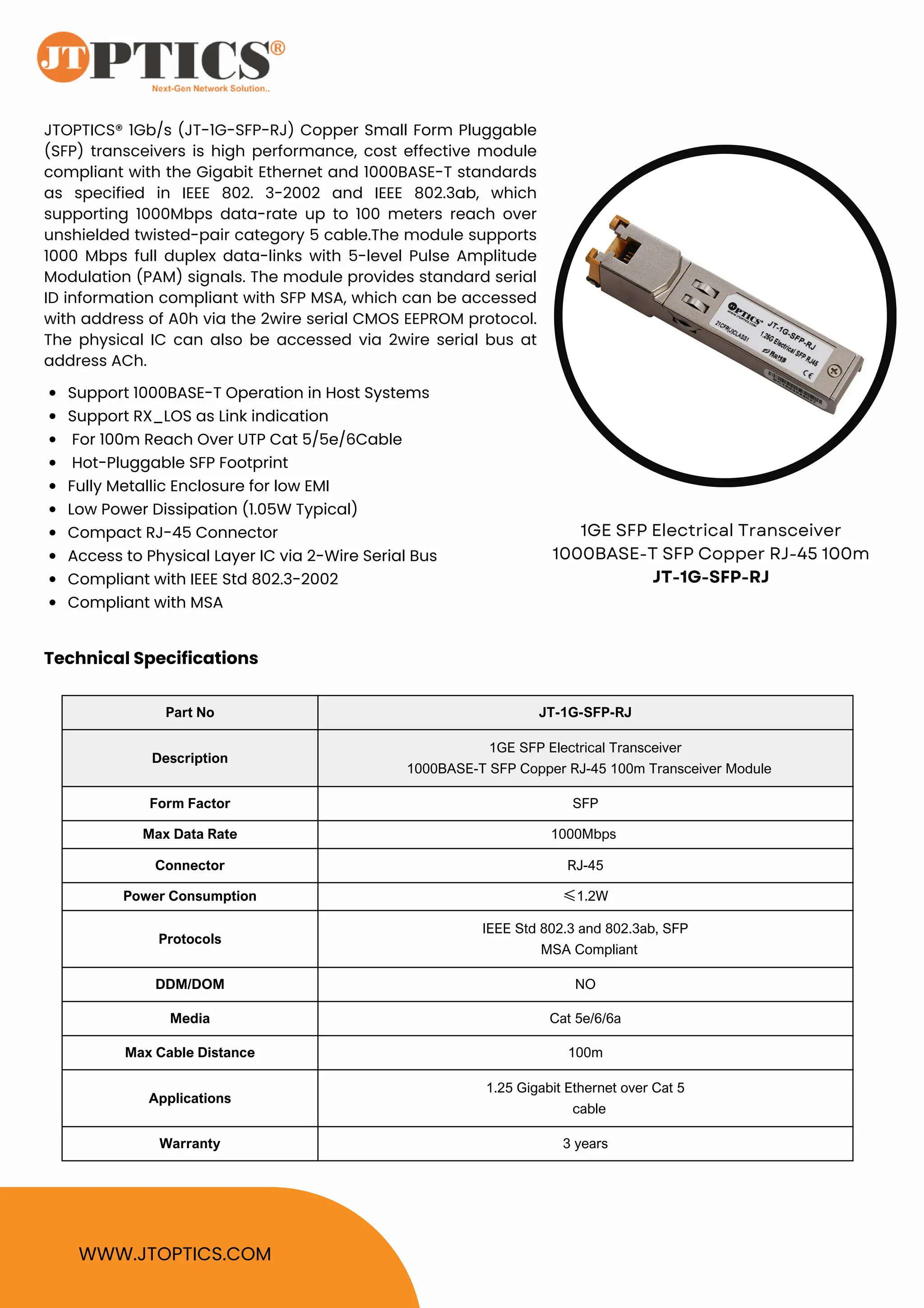 1G Rj45 Electrical SFP Optical Transceivers Data Sheet By JTOPTICS | PDF