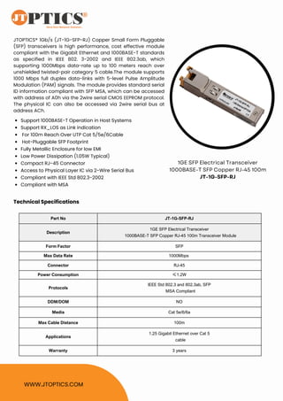 1G Rj45 Electrical SFP Optical Transceivers Data Sheet By JTOPTICS | PDF