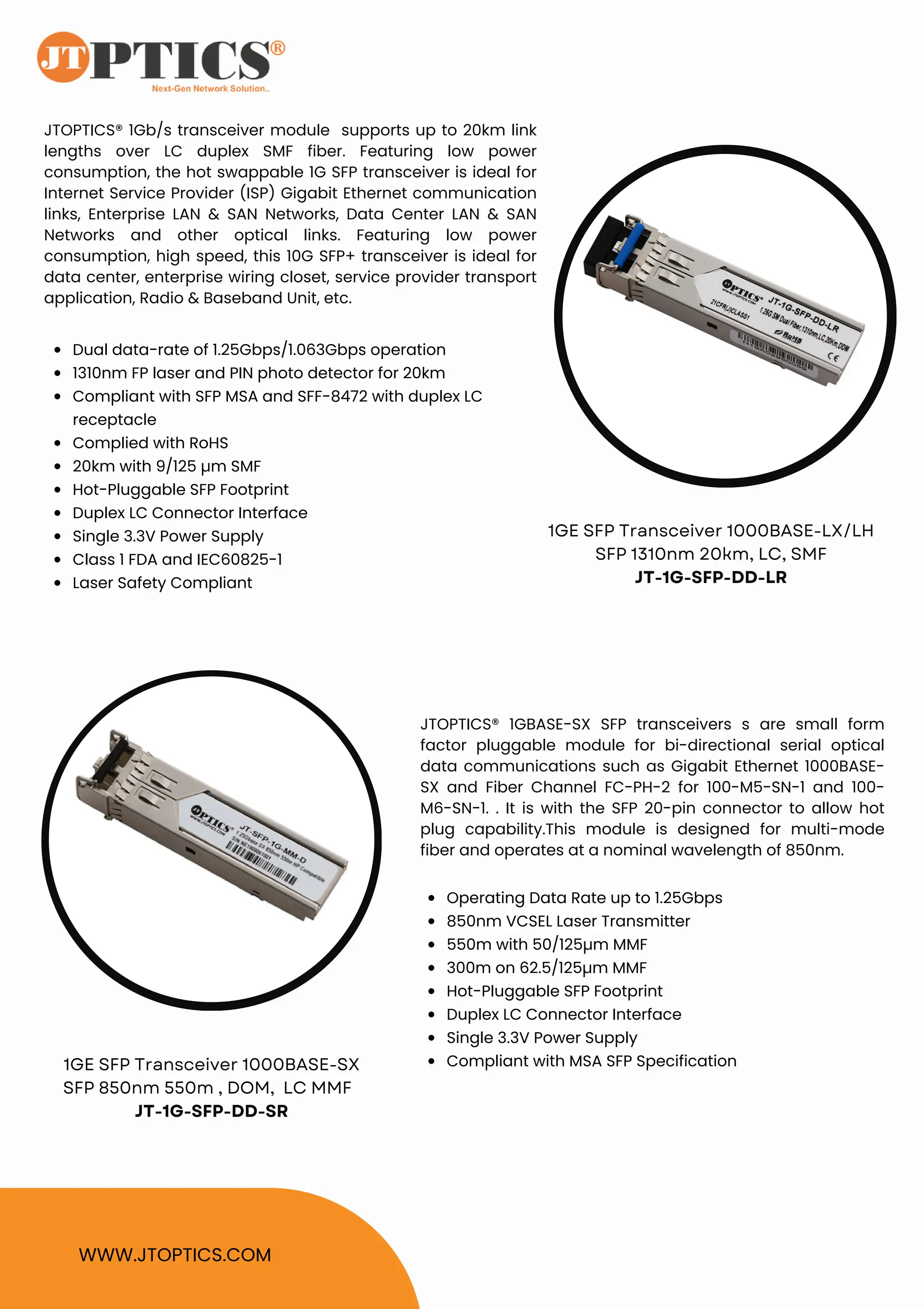 1G SFP Optical Transceivers Data Sheet By JTOPTICS | PDF