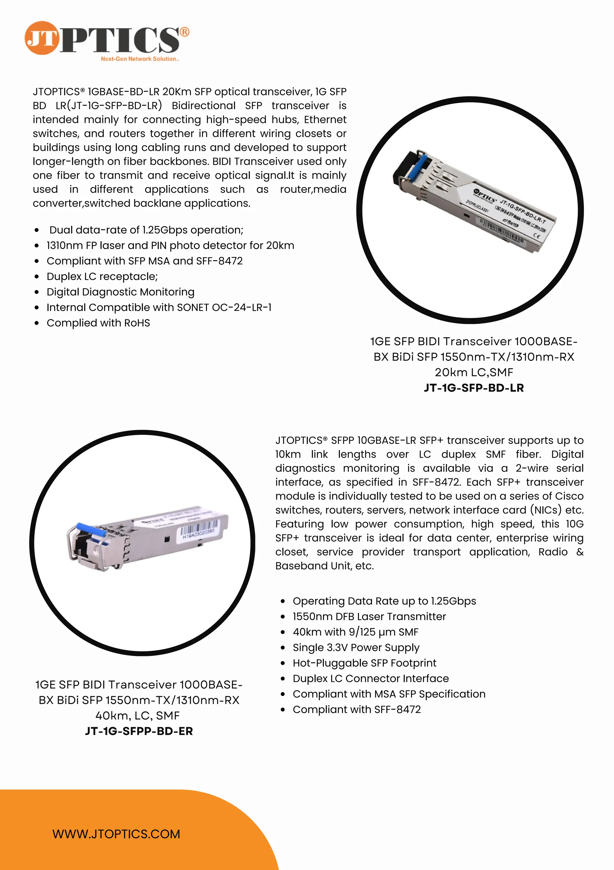 1G SFP Optical Transceivers Data Sheet By JTOPTICS | PDF