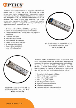1G SFP Optical Transceivers Data Sheet By JTOPTICS | PDF