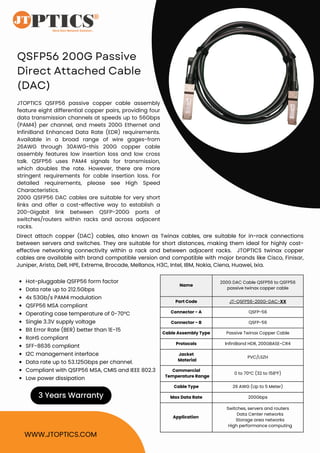 200G QSFP56 DAC Direct Attached Cable Data Sheet By JTOPTICS | PDF ...