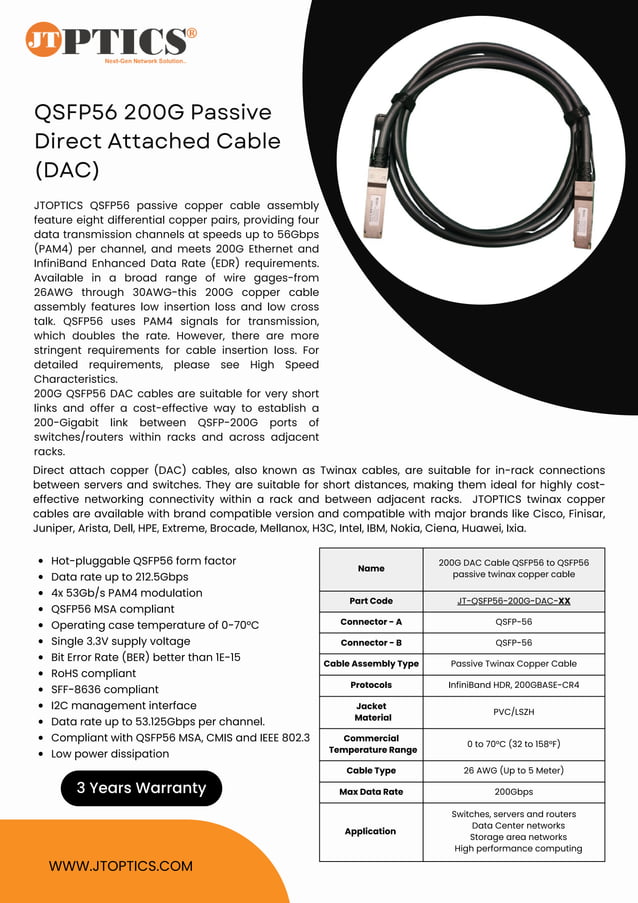 200G QSFP56 DAC Direct Attached Cable Data Sheet By JTOPTICS | PDF ...