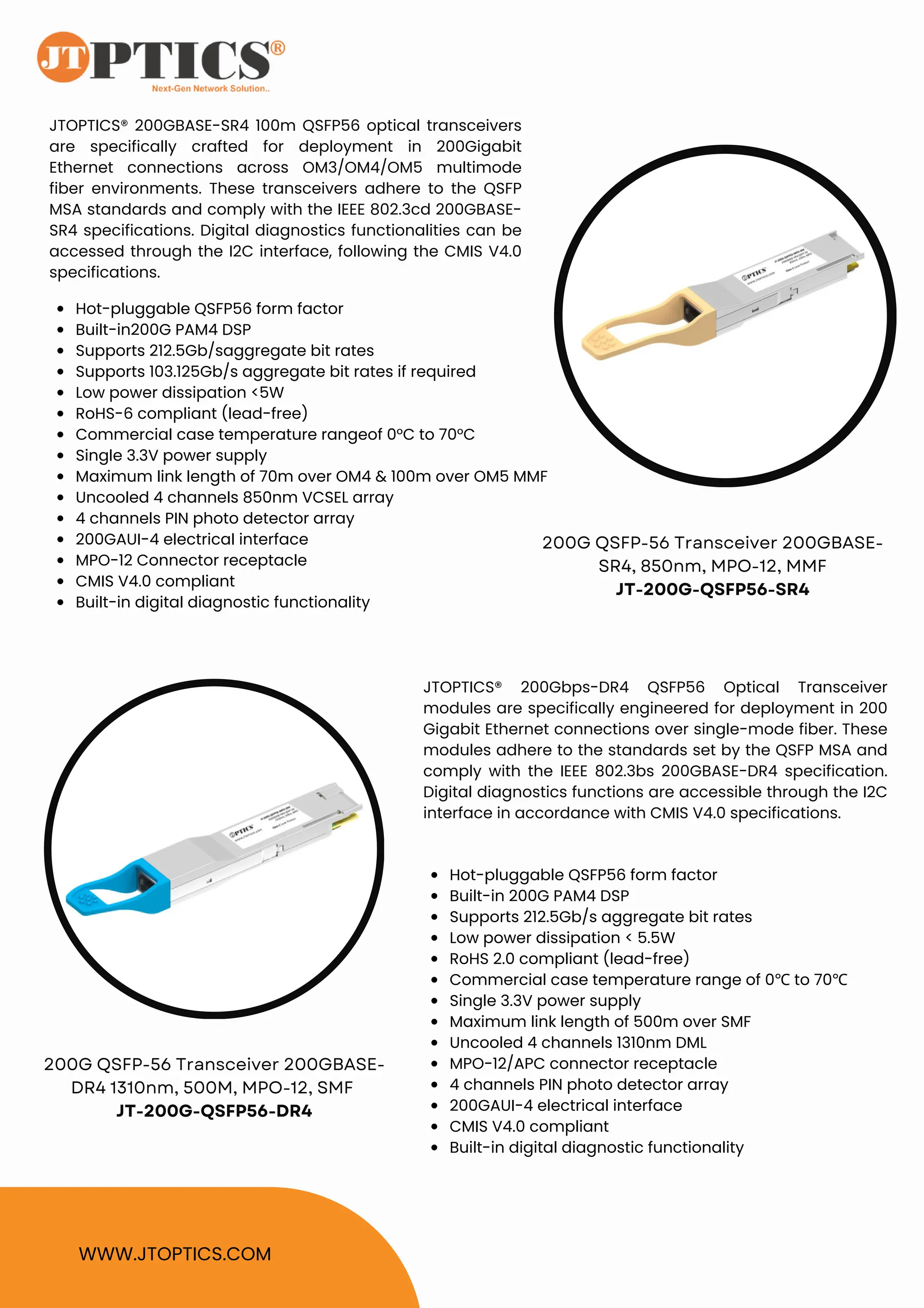 200G QSFP56 Optical Transceiver Data Sheet By JTOPTICS | PDF