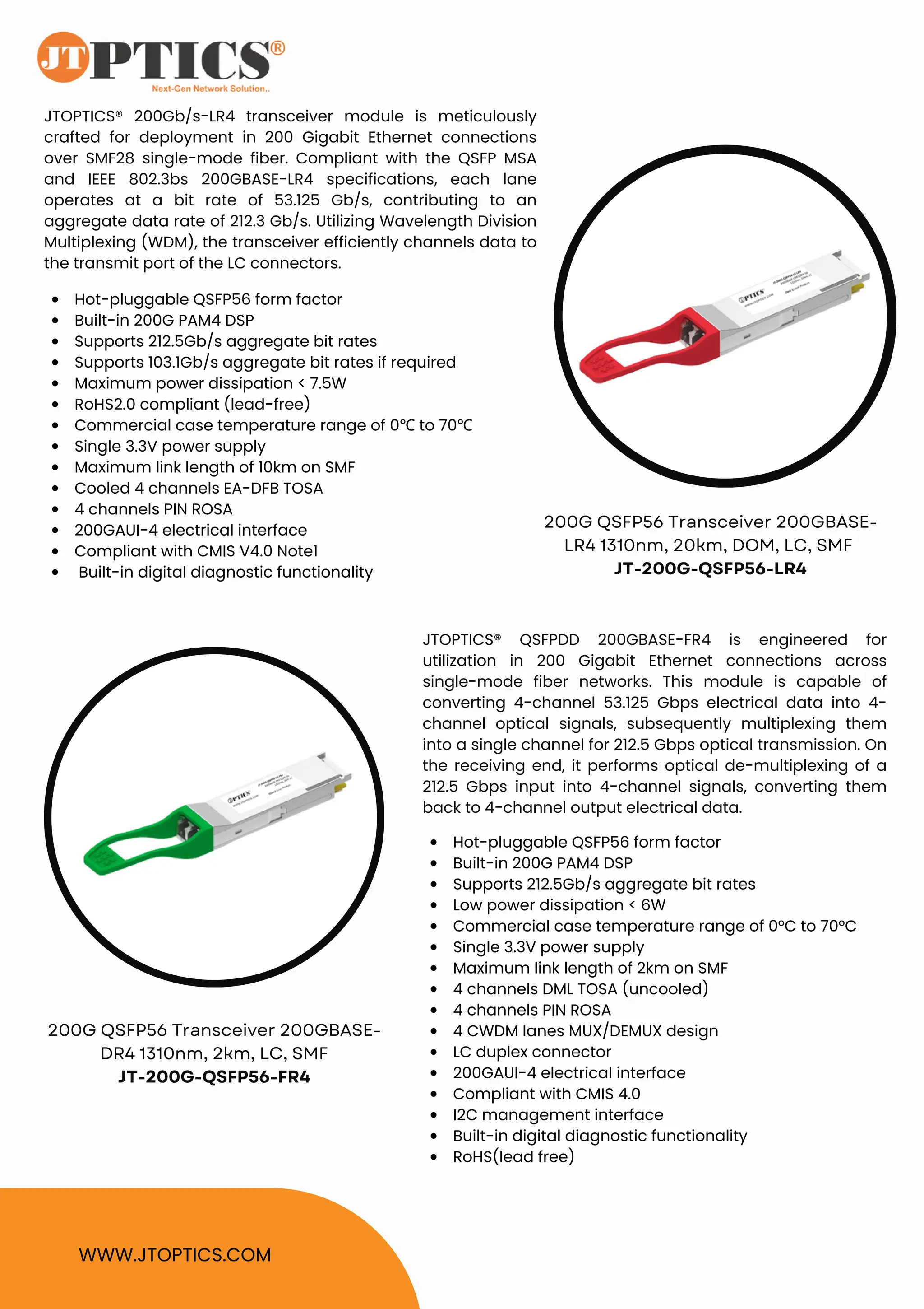 200G QSFP56 Optical Transceiver Data Sheet By JTOPTICS | PDF