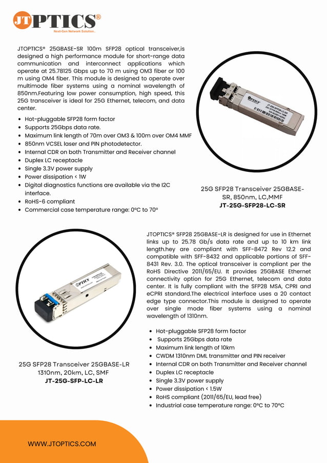 25G SFP28 Optical Transceivers Data Sheet By JTOPTICS | PDF