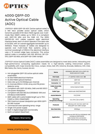 400G QSFP-DD to QSFP-DD AOC Active optical Cable Data Sheet By JTOPTICS ...