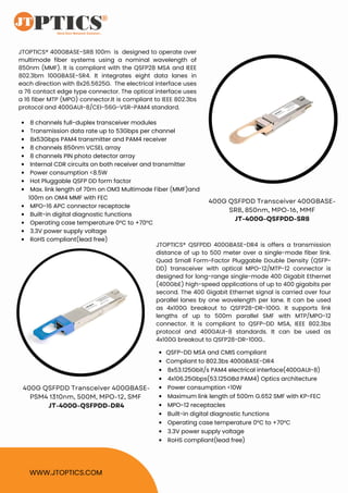 400G QSFP-DD Optical Transceiver Data Sheet By JTOPTICS | PDF