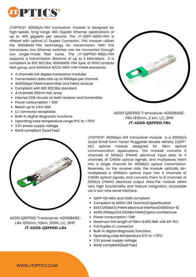 400G QSFP-DD Optical Transceiver Data Sheet By JTOPTICS | PDF