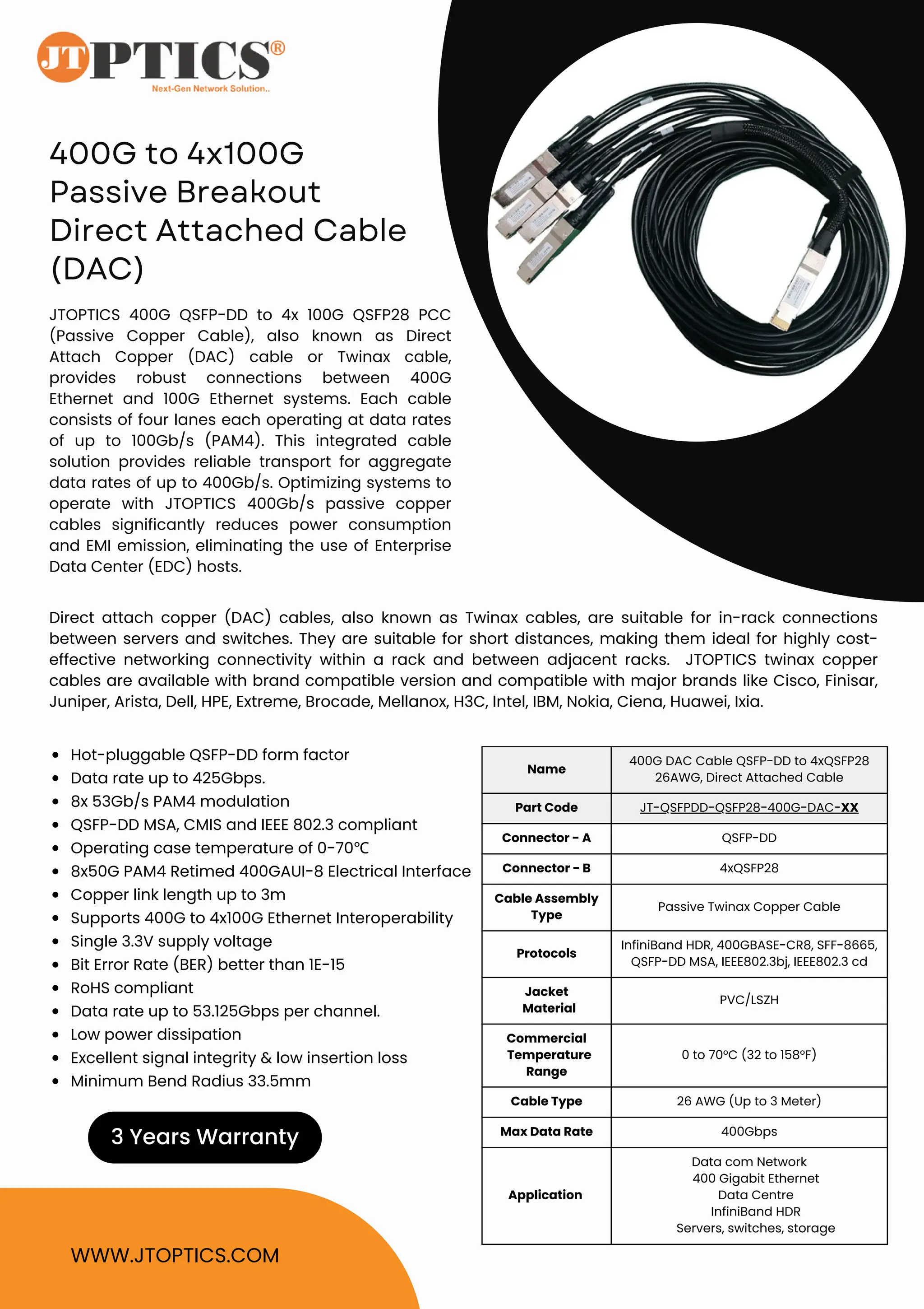 400G To 4X100G DAC Direct Attached Cable Data Sheet By JTOPTICS | PDF