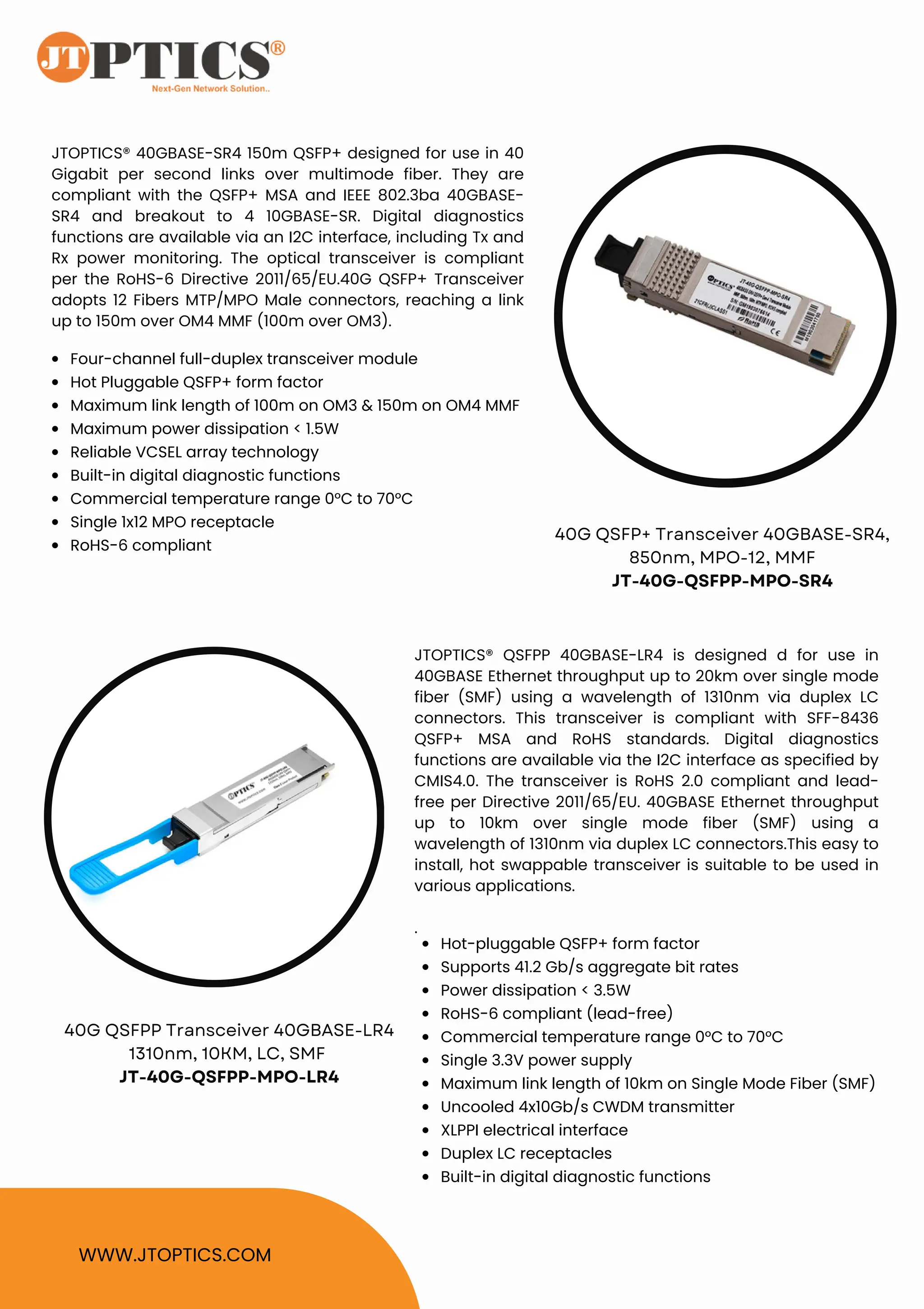 40G QSFP+ Transceiver Data Sheet By JTOPTICS | PDF