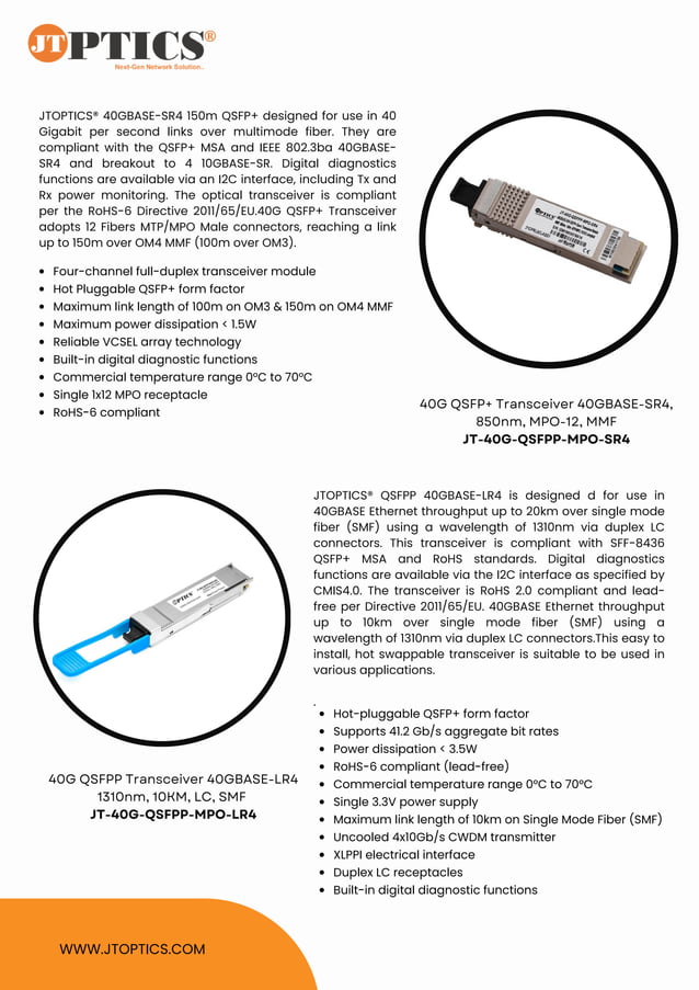 40G QSFP+ Transceiver Data Sheet By JTOPTICS | PDF