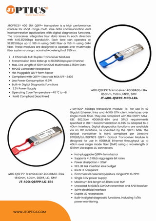 40G QSFP+ Transceiver Data Sheet By JTOPTICS | PDF
