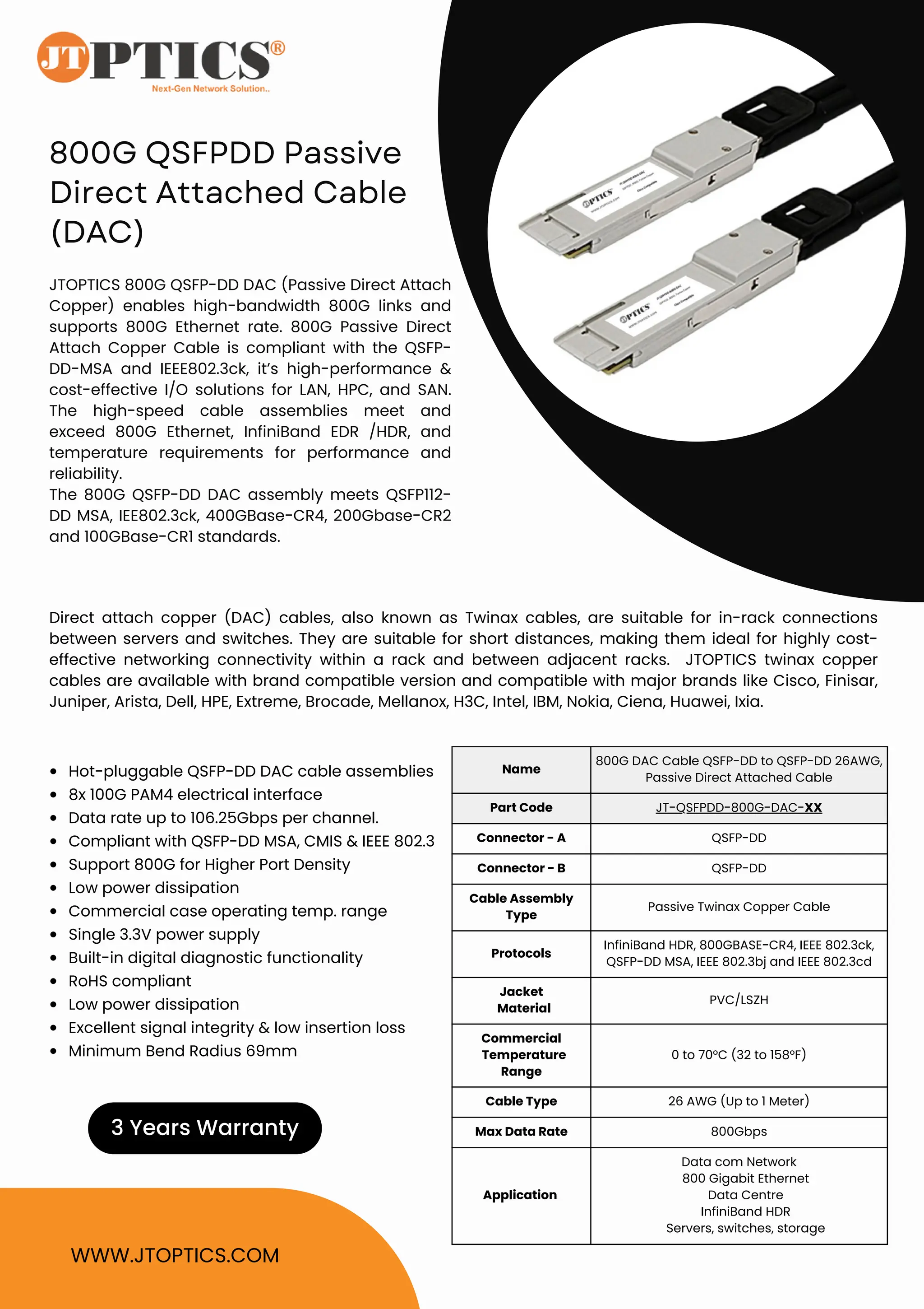 800G DAC Direct Attached Cable Data Sheet By JTOPTICS | PDF