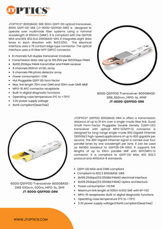 800G QSFP-DD Optical Transceiver Data Sheet By JTOPTICS | PDF