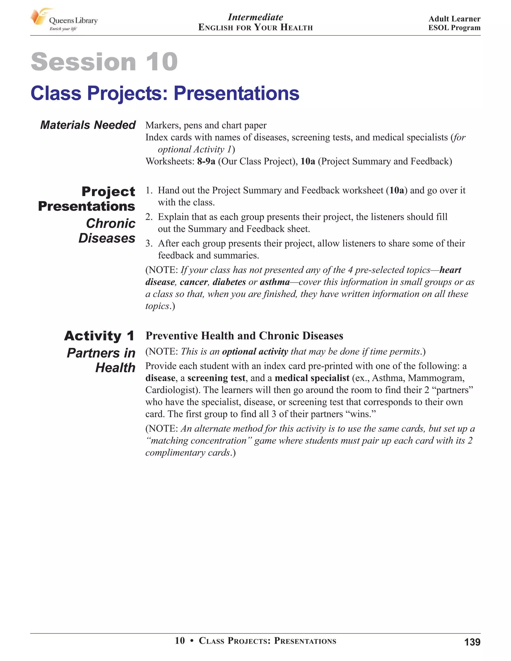 Project Based Learning for ESOL Health Literacy: TESOL Convention 2010 ...