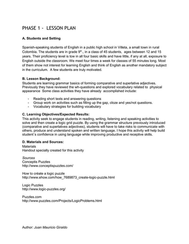 Juan mauricio giraldo phase1 lesson_plan_activity | PDF