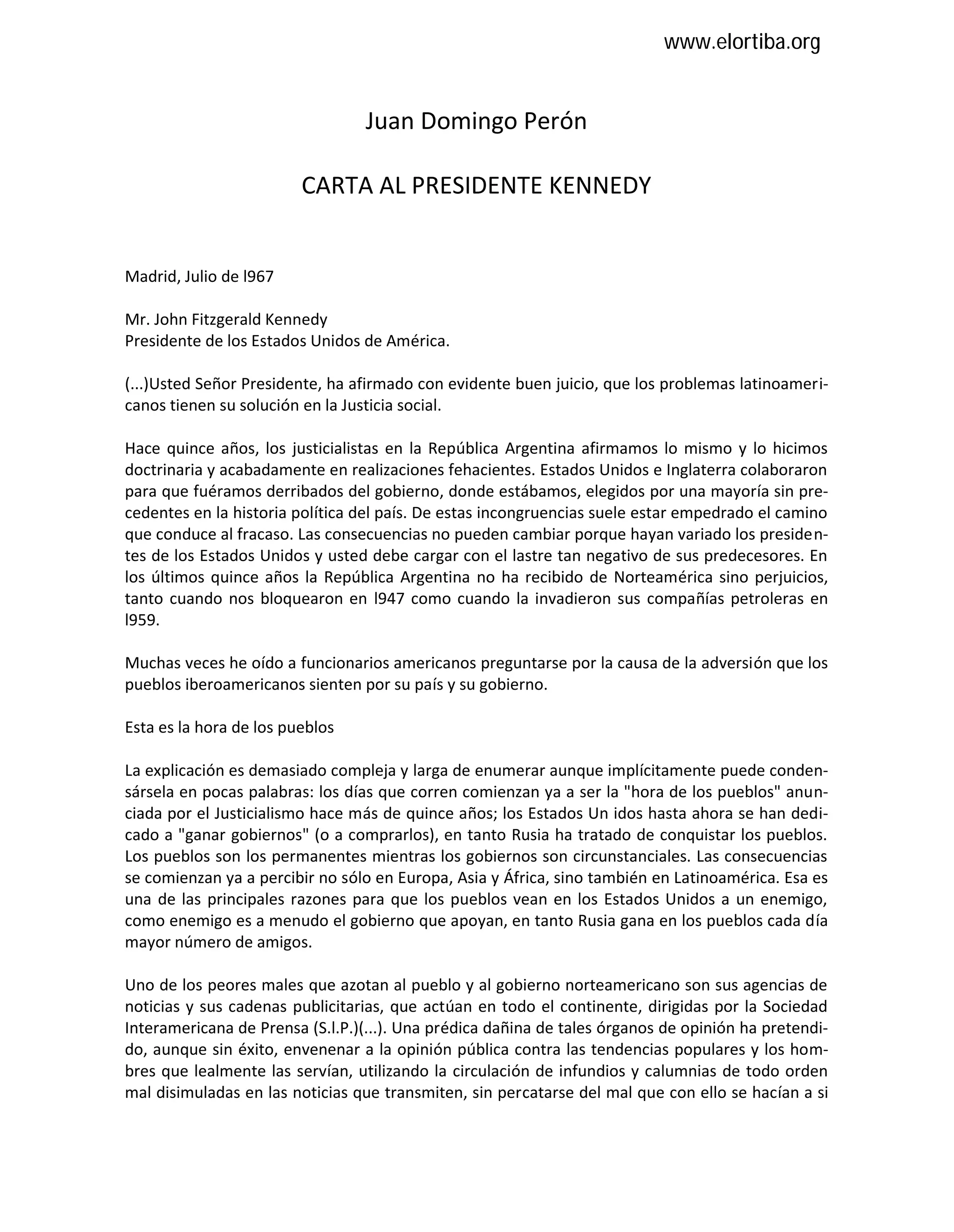 Juan Domingo Perón carta al presidente kennedy | PDF