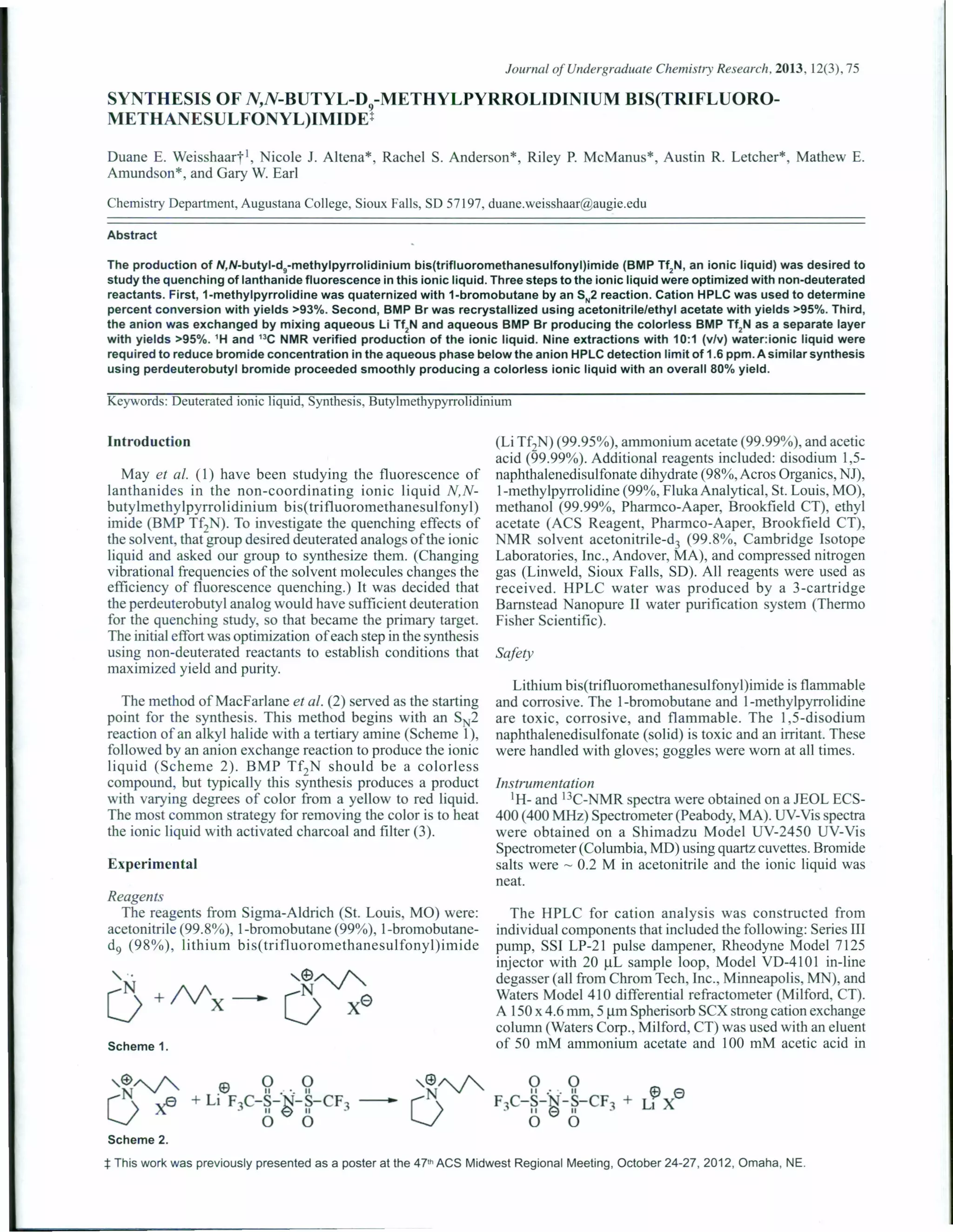 Synthesis of N,N-butyl-d9-methylpyrrolidinium Bis ...