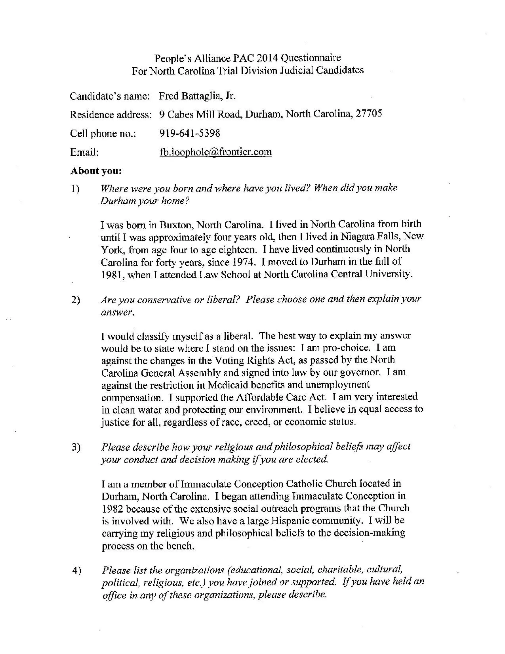 Fred Battaglia 2014 PA-PAC Questionnaire | PDF