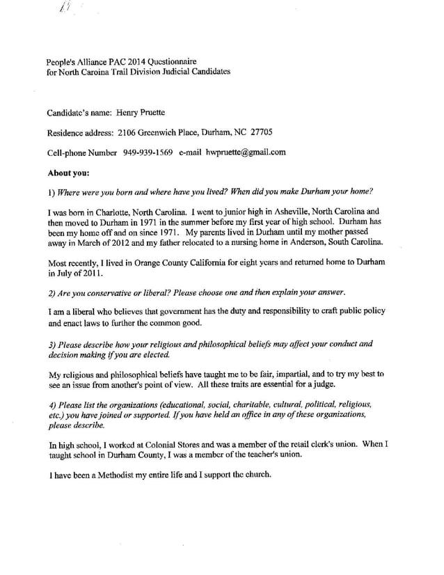 Henry Pruette 2014 PA-PAC Questionnaire | PDF